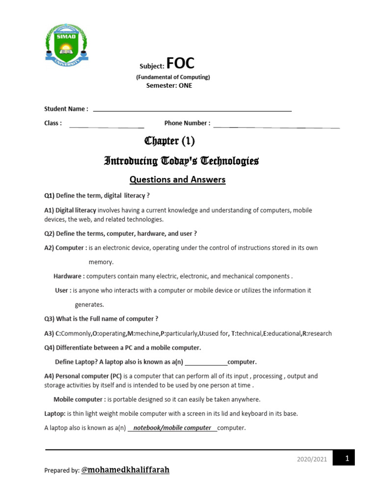 FOC Chapter 1 (Introducing Todays Technologies) | PDF | Laptop | Computer Data Storage