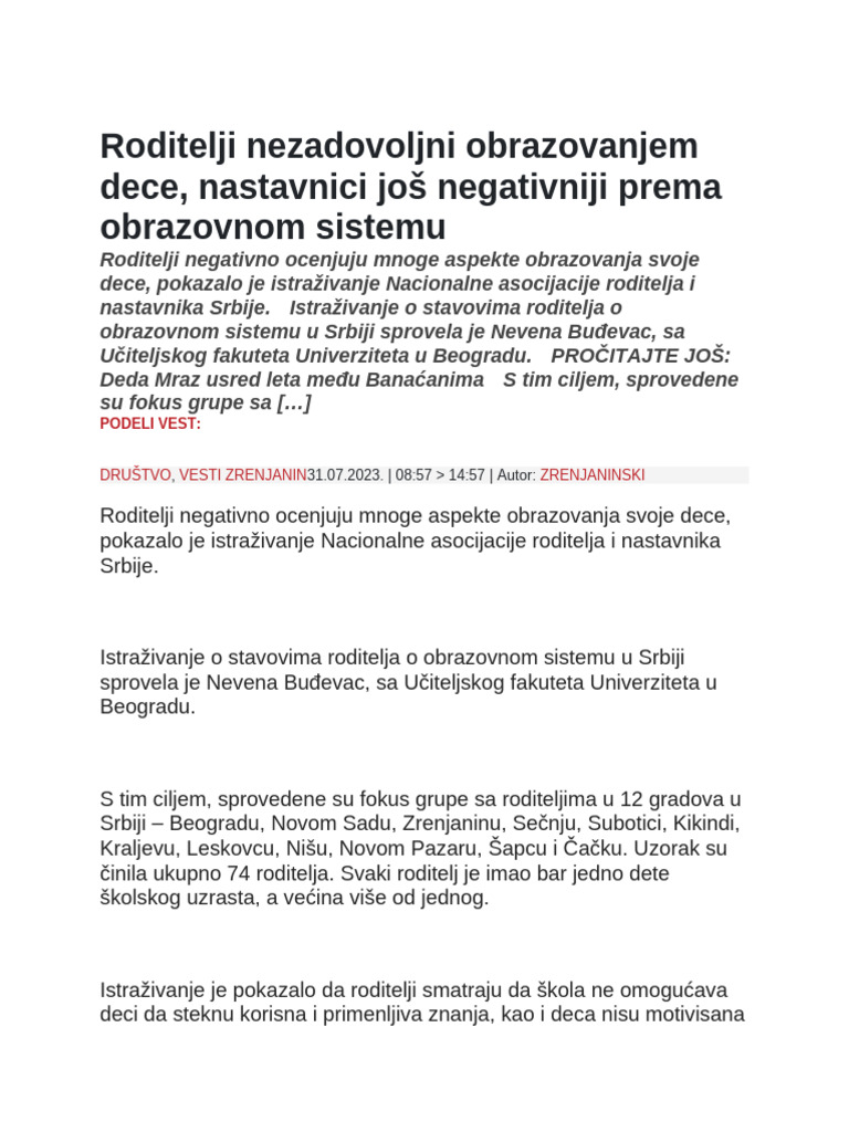 Roditelji Nezadovoljni Obrazovanjem Dece | PDF