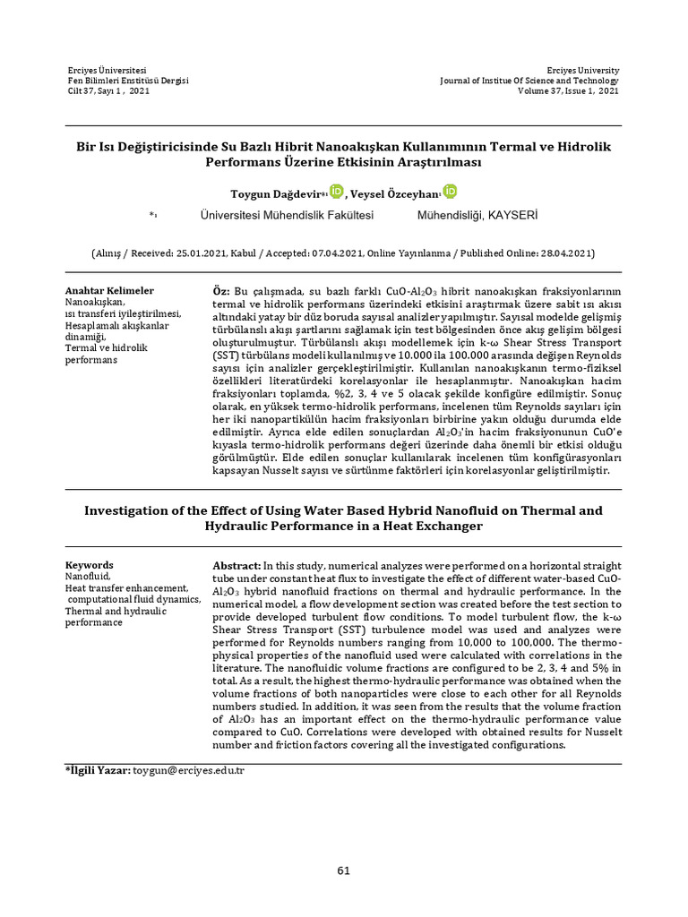 Bir Is__ De__i__tiricisinde Su Bazl__ Hibrit Nanoak____kan Kullan__m__n__n Termal ve Hidrolik ...