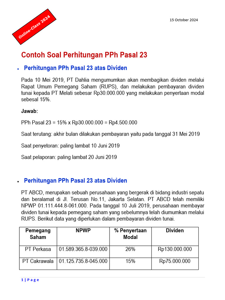 Contoh Soal PPh Pasal 23 dan Perhitungan | PDF