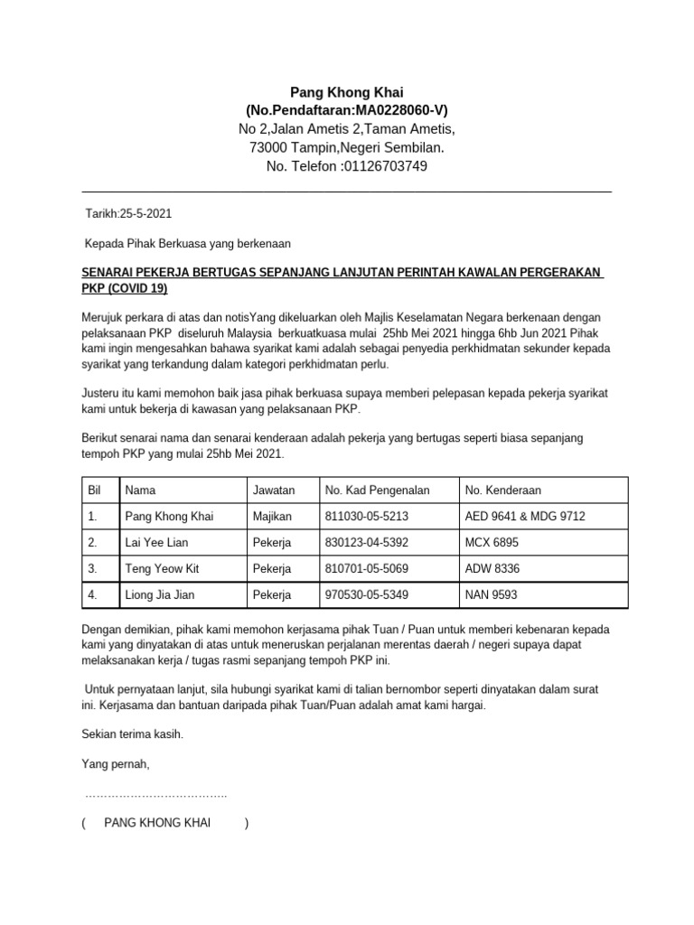 Senarai Pekerja Bertugas Sepanjang Lanjutan Perintah Kawalan Pergerakan ...
