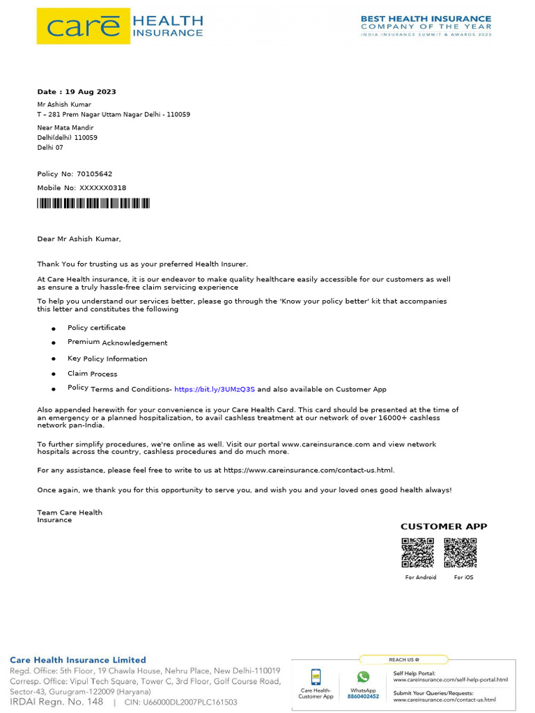 Care Health Insurance Policy Details | PDF | Insurance | Service Industries