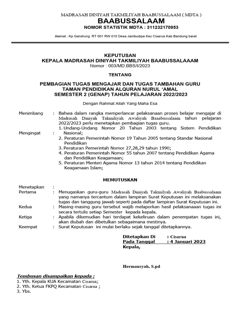 Contoh SK Pembagian Tugas Mengajar TPQ 2023 | PDF