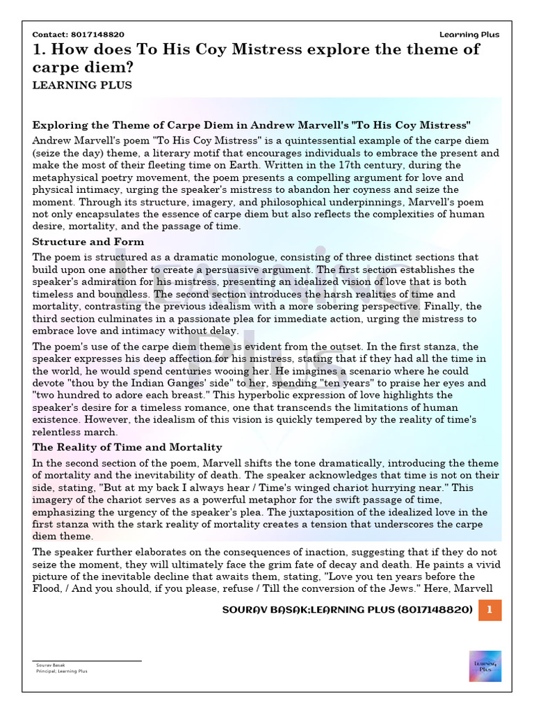 To His Coy Mistress Notes | PDF | Love | Intimate Relationships