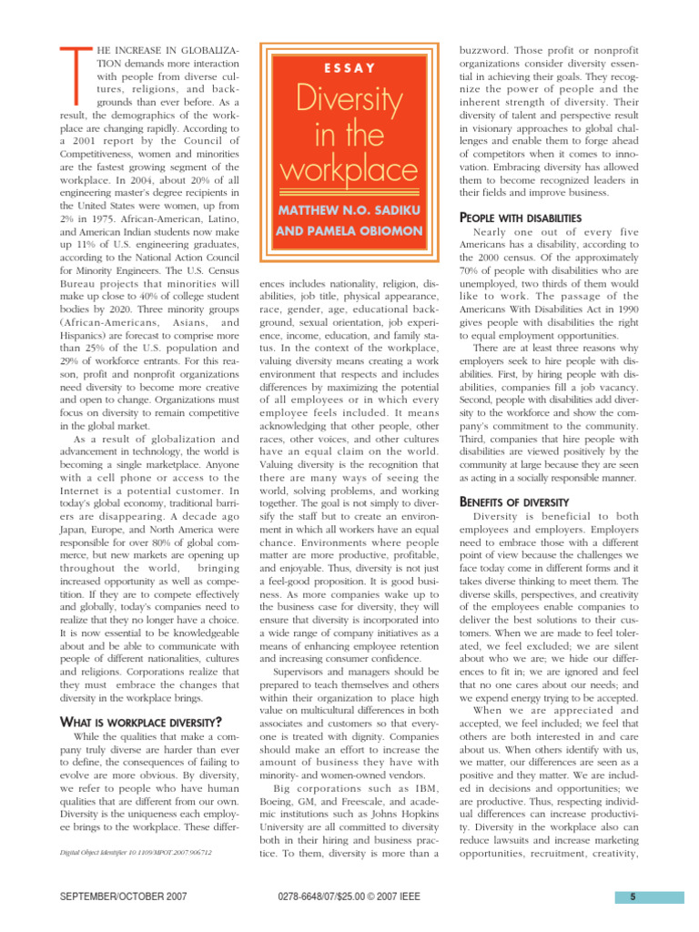 Essay Diversity in The Workplace | PDF | Employment | Diversity (Business)
