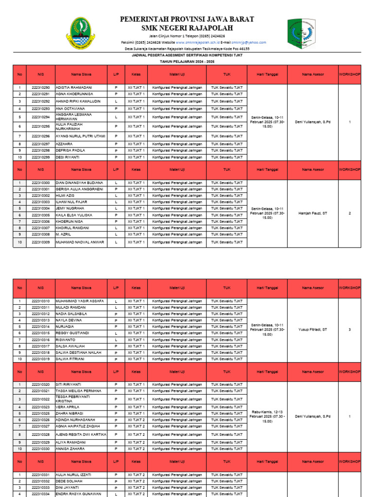 Jadwal Ukk TJKT 2024-2025 SMKN Rajapolah Fix-10 Hari | PDF