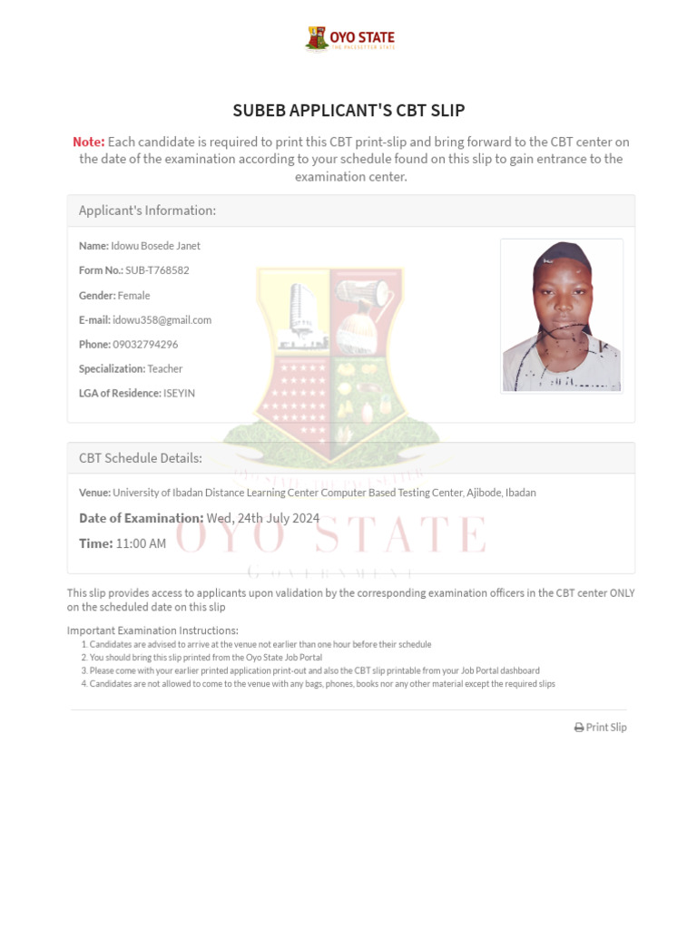 Applicant's CBT Slip - Bosede | PDF
