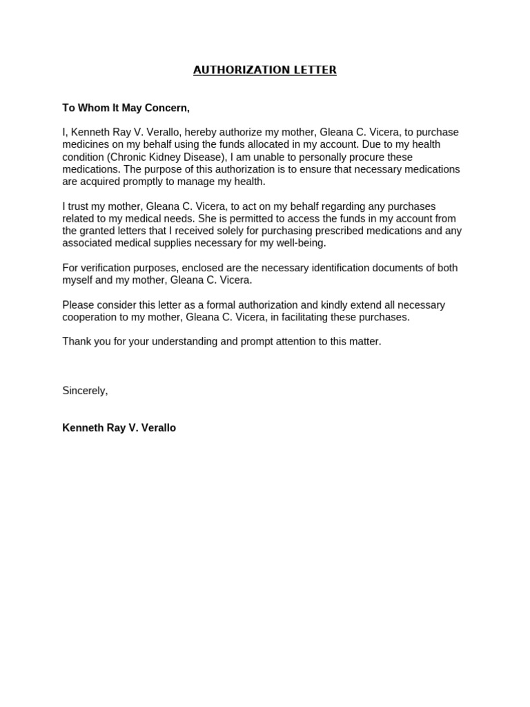 Authorization Letter for Medicine Purchase | PDF