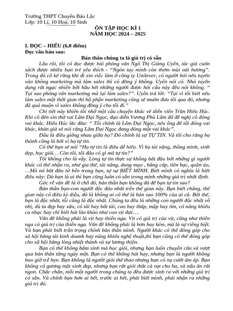 ĐỀ ÔN TẬP 10 CK1 | PDF