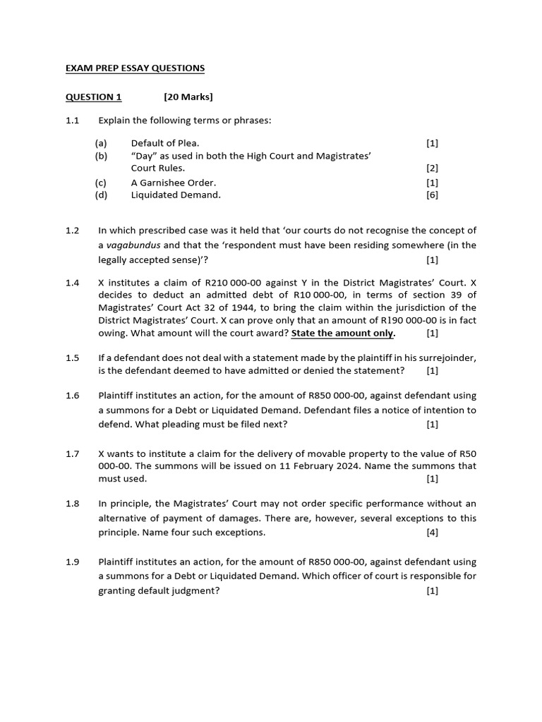 Exam Prep Essay Questions | PDF | Default Judgment | Summons