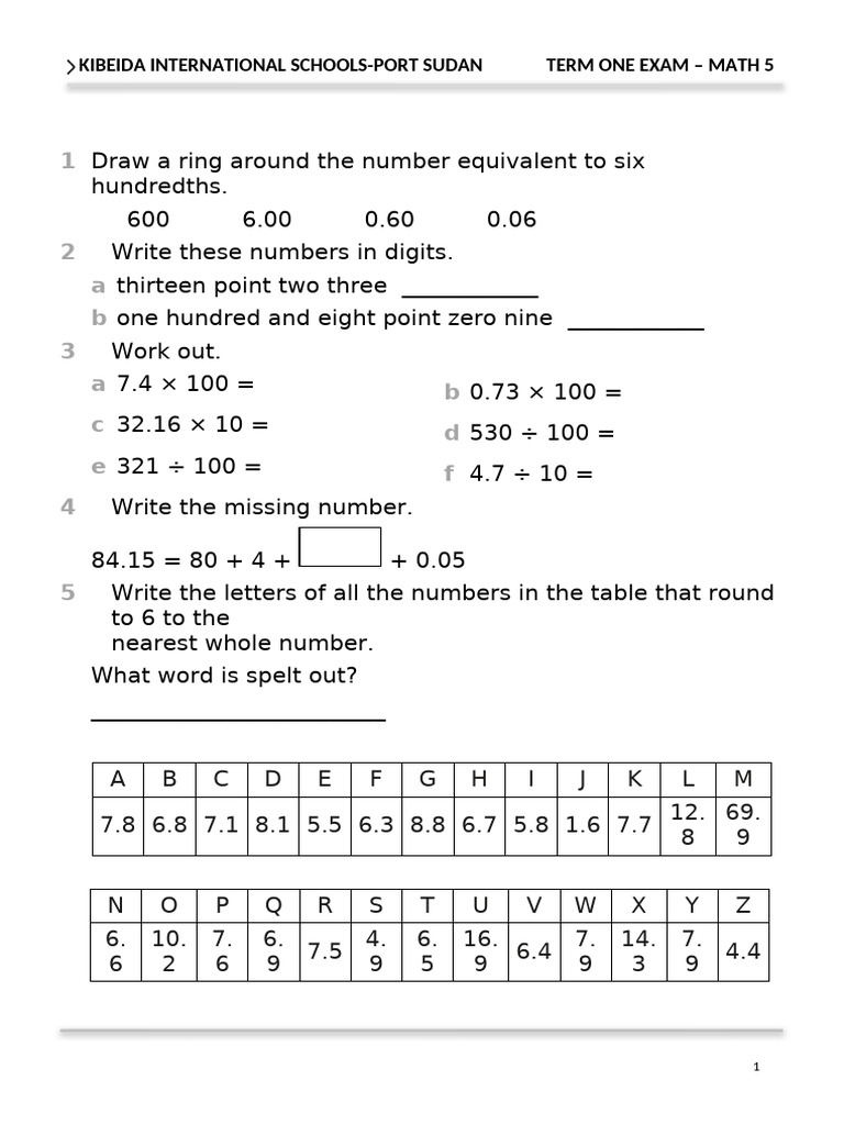 Grade 5 Term 1 exam | PDF | Mathematics