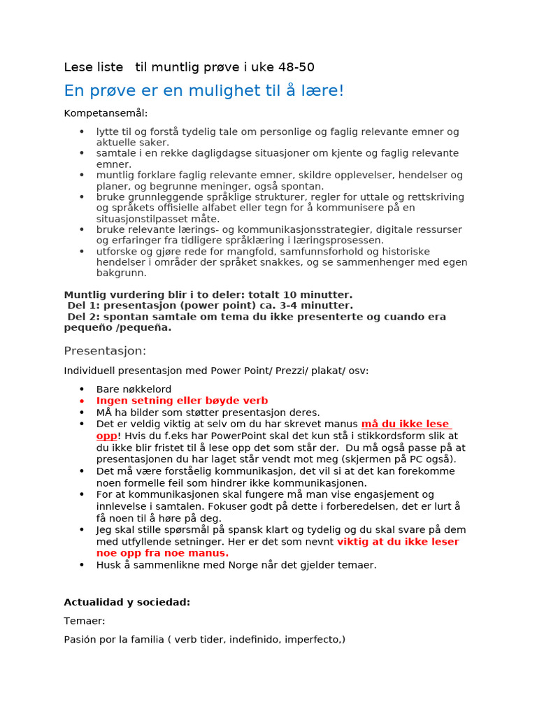 Lese Liste Til Muntlig Prøve I Uke 48-50 | PDF