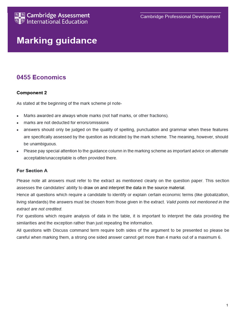 Economics 0455 Component 2 Marking Guide | PDF | Question