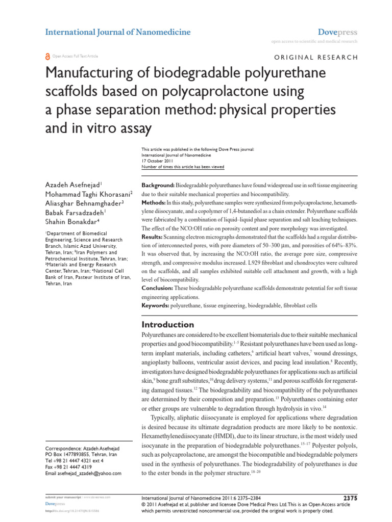 Manufacturing of Biodegradable Polyurethane Scaffo | PDF | Tissue ...