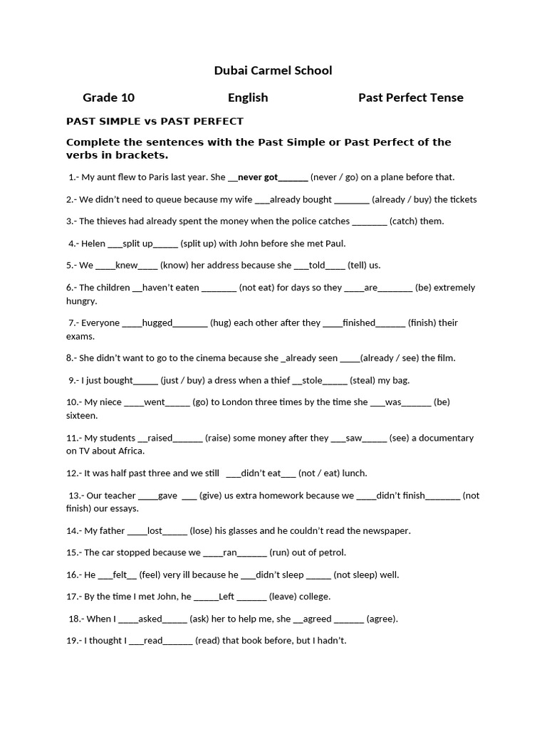 Grade 10 English: Past Perfect Tense Exercises | PDF