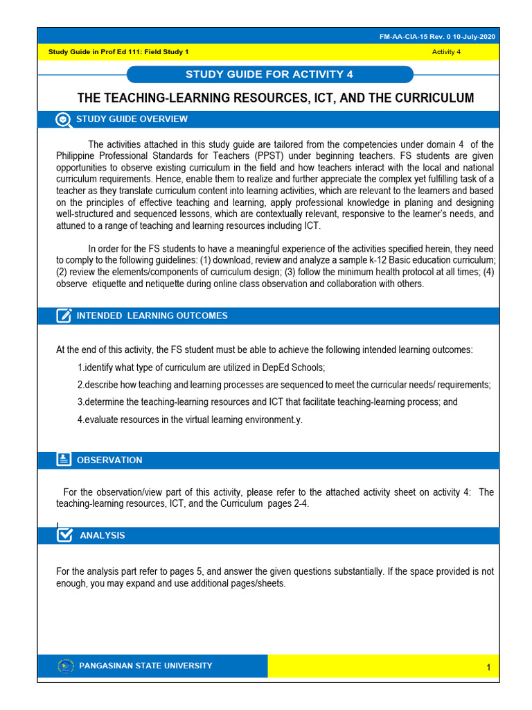G Study Guide Activity 4 ProfEd111 Field Study 1 | PDF | Curriculum ...