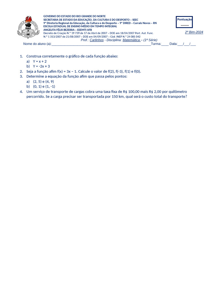 Prova 1ºano 1ºbimestre 2024 | PDF
