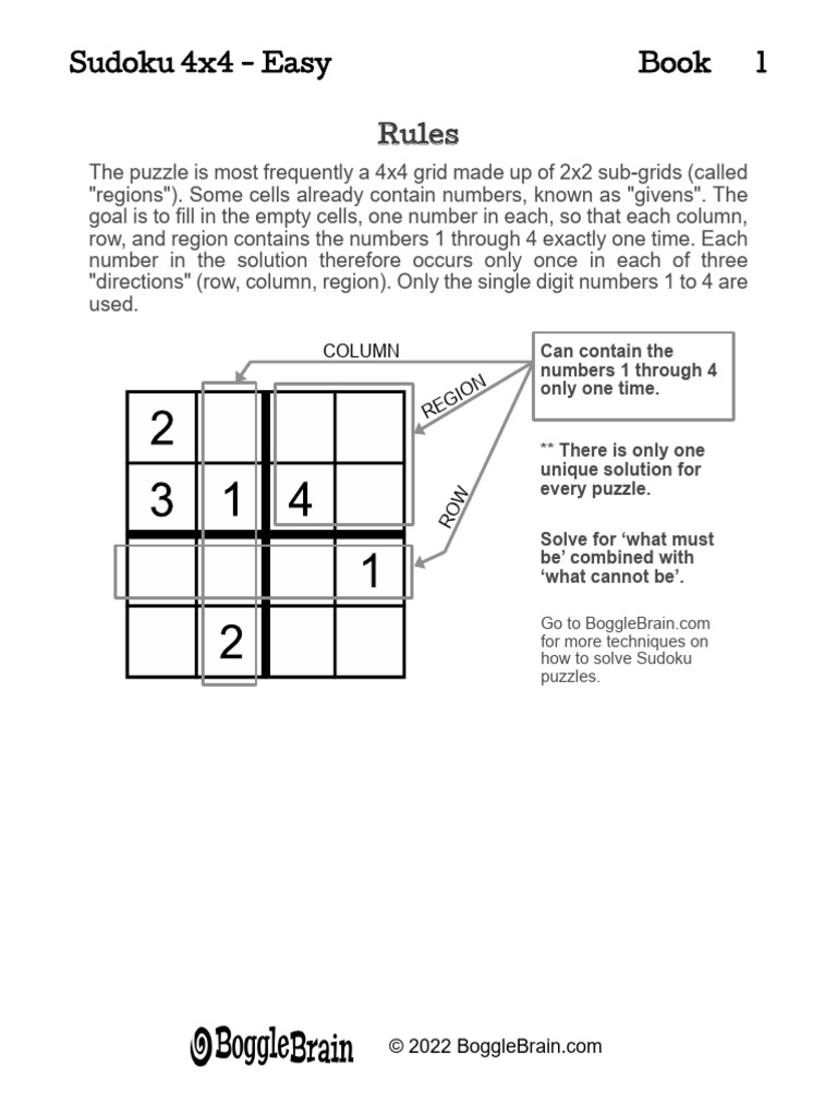 Sudoku 4x4 Easy - Book 1 | PDF | Logic Puzzles | Recreational Mathematics