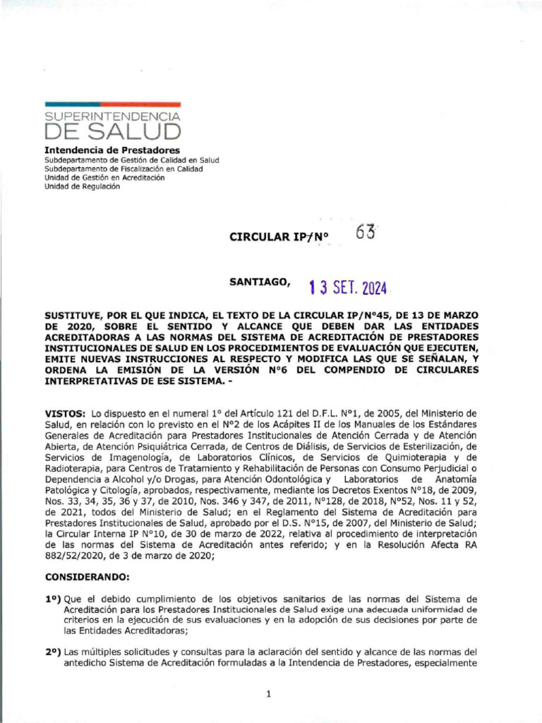 Circular IP 63 Sustituye Circ. IP 45 | PDF | Hospital | Cuidado de la salud