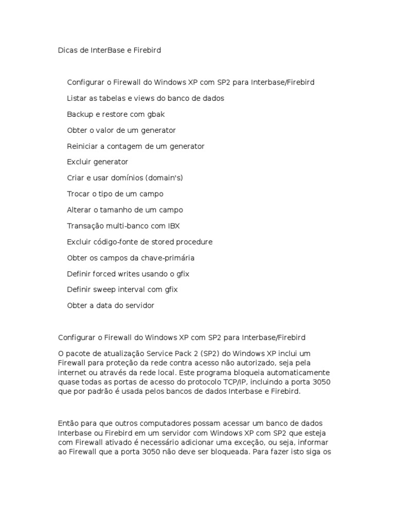 Firebird e Interbase Dicas | PDF | Firewall (informática) | Dados