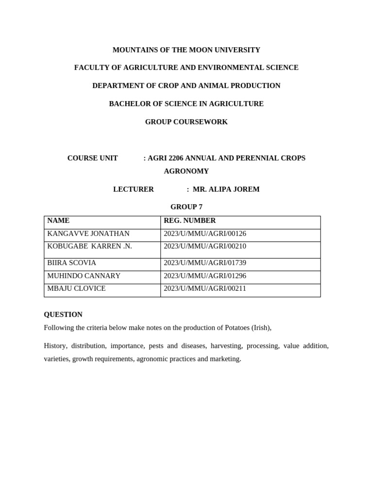 AGRONOMY GROUP 7 WORK | PDF | Potato | Plants