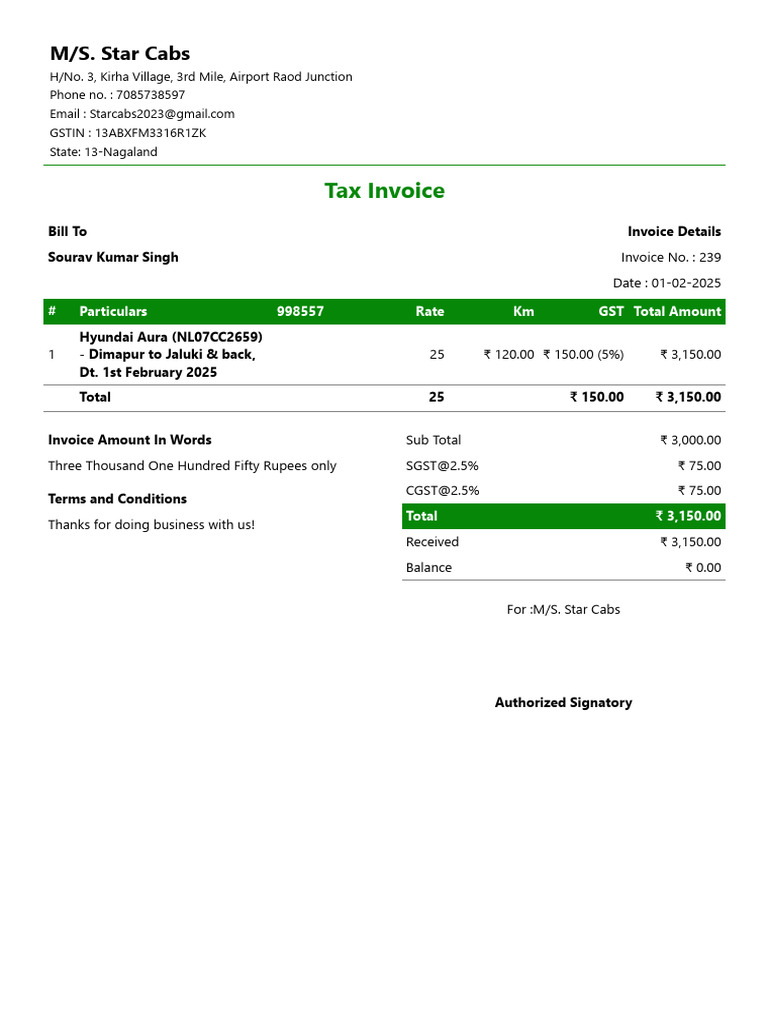 Star Cabs Tax Invoice for Service | PDF