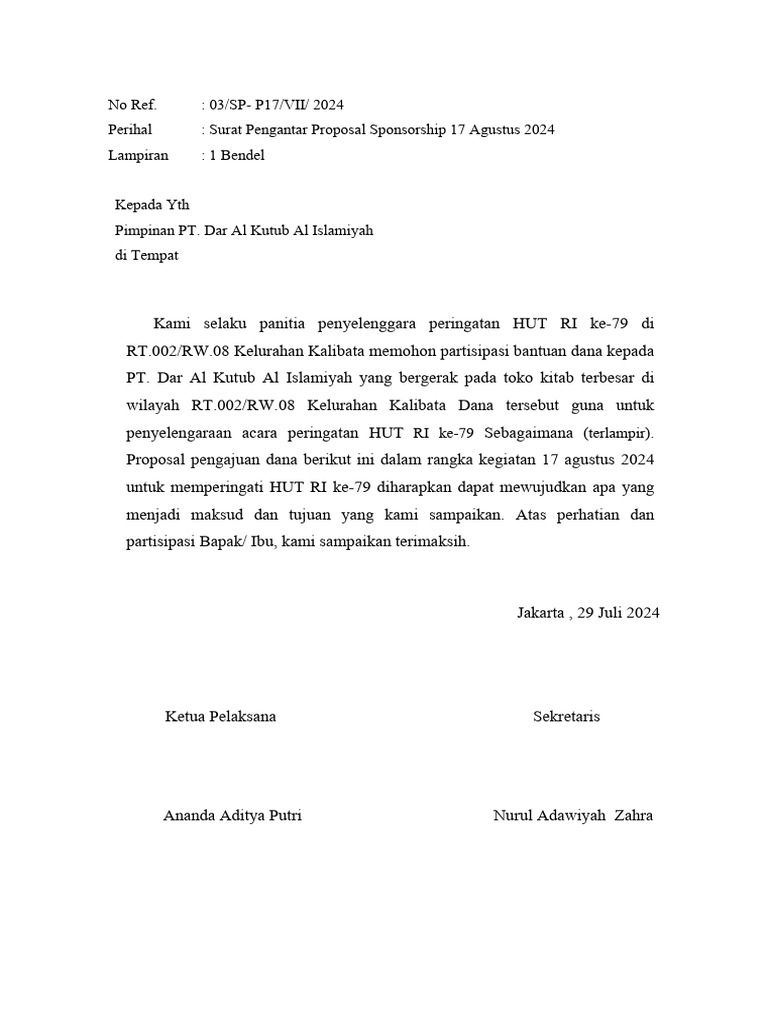 Surat Pengantar Proposal Sponsorship | PDF