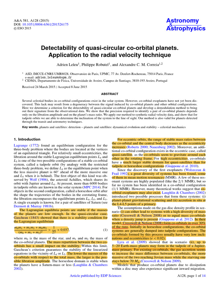 Leleu - 2015 - Detectability of Quasi-Circular Co-Orbital Planets ...