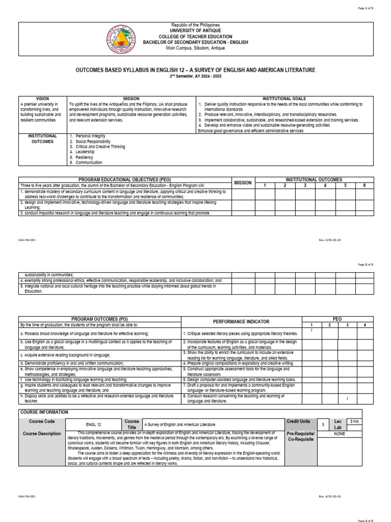 English 12 Syllabus 2nd Sem 24 25 | PDF | Romanticism | Essays