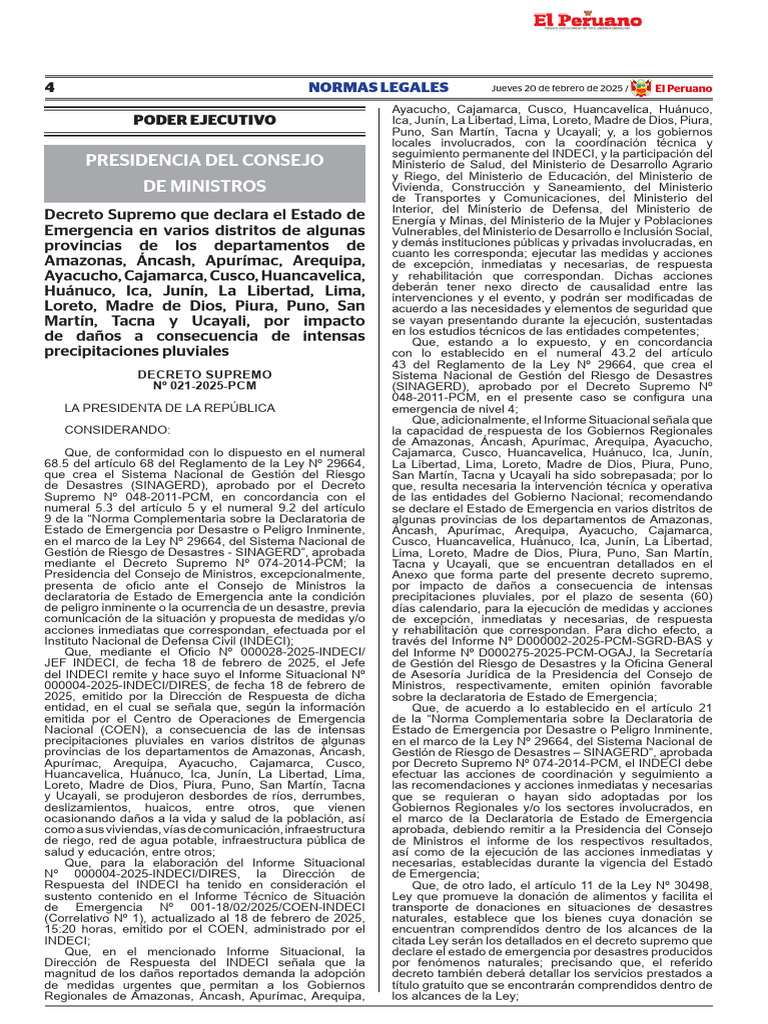 Decreto Supremo #021-2025-PCM | PDF | Ministerio (Departamento de Gobierno) | Estado de emergencia