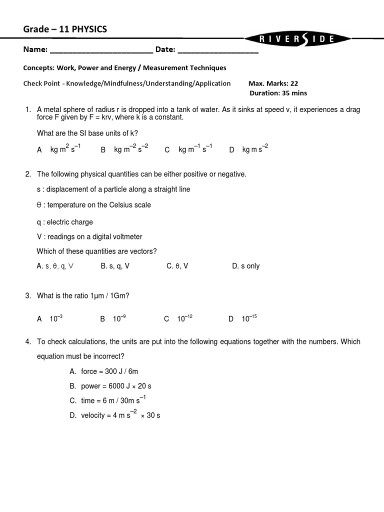 Grade 11 Physics: Work, Power, Energy Quiz | PDF | Force | Physics