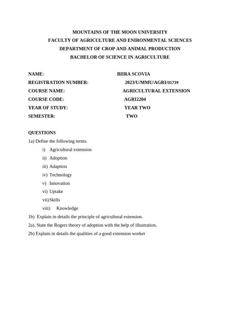 Scovia's Agric Extension Coursework | PDF | Agriculture | Innovation