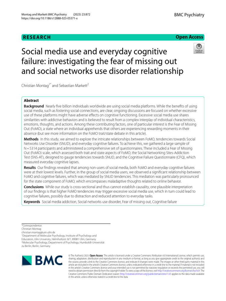 Social Media Use and Everyday Cognitive Failure Investigating the Fear ...
