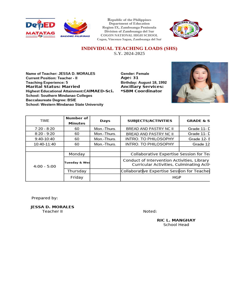 Teaching Loads Class Program Morales | PDF