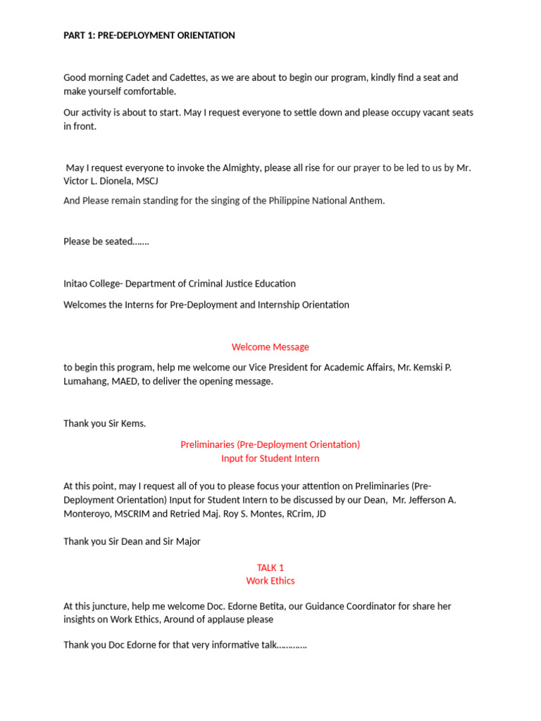 Internship Orientation - Emcee Script | PDF