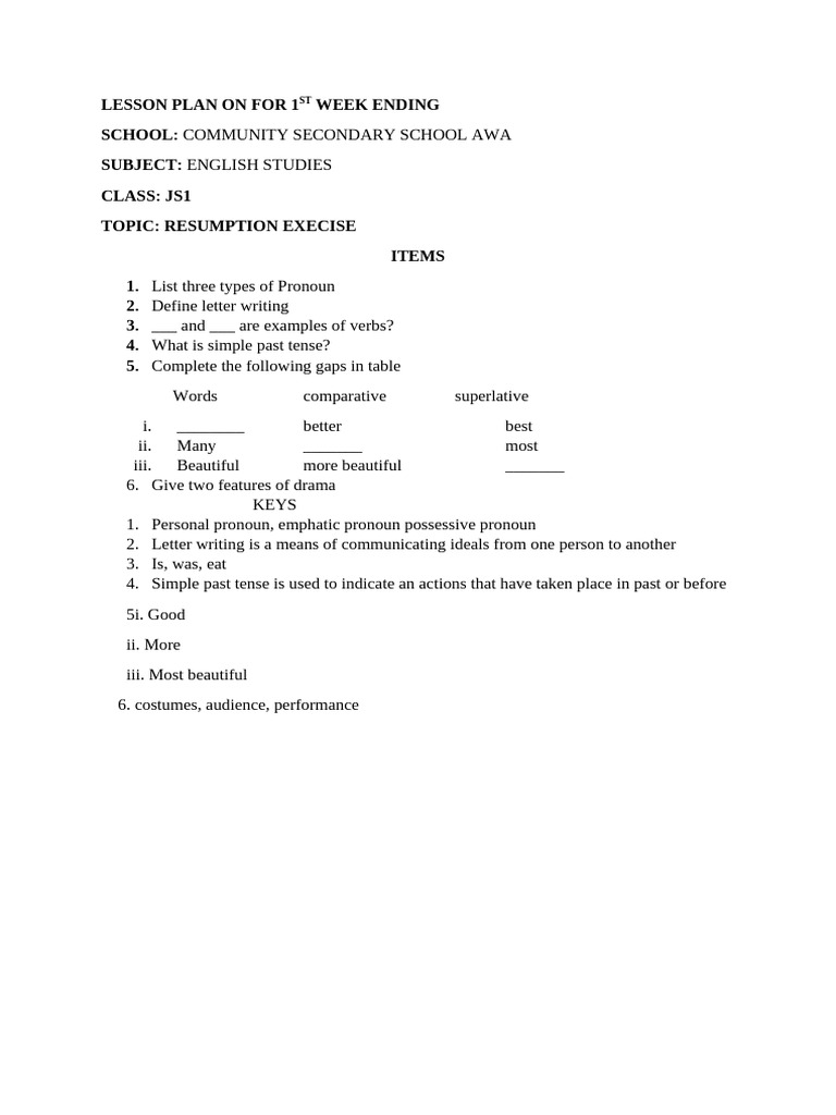 English Lesson Plan for JS1 Students | PDF | Grammatical Tense ...