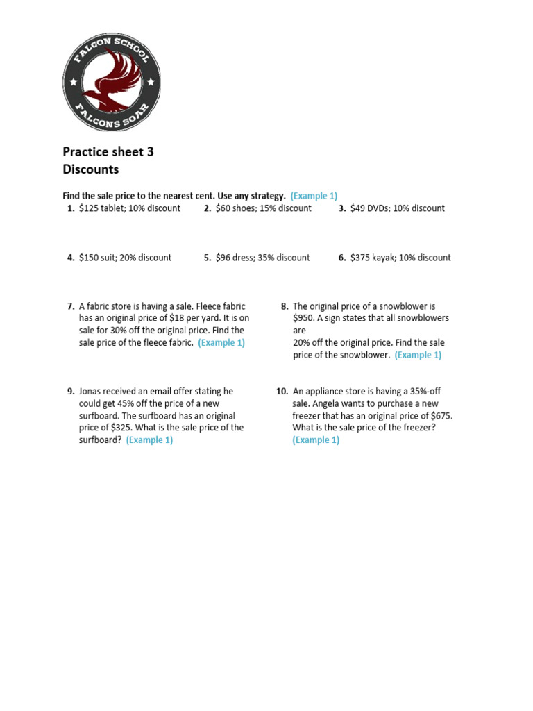 Discounts Practice Sheet 32B299 | PDF