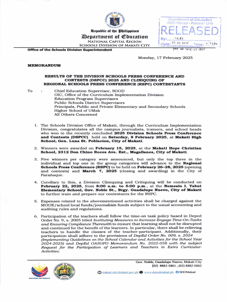 Um 043 Results of The Division Schools Press Conference and Contests ...