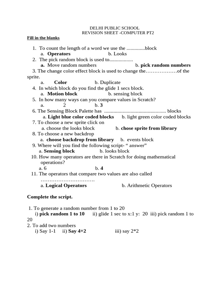 Scratch Quiz Revision for Class 5 | PDF | Scratch (Programming Language ...
