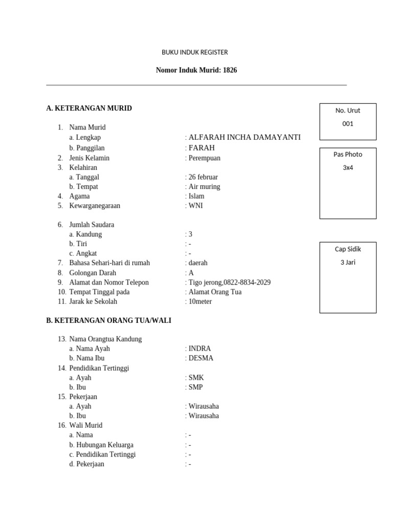 CONTOH BUKU INDUK REGISTER | PDF