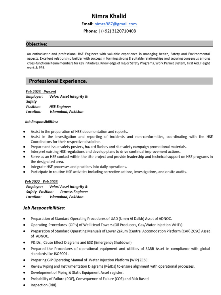 HSE Engineer Resume - Nimra Khalid | PDF