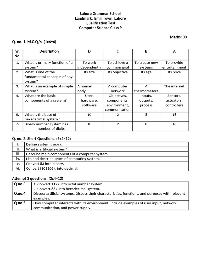 Class 9 Computer - Qualification Test | PDF