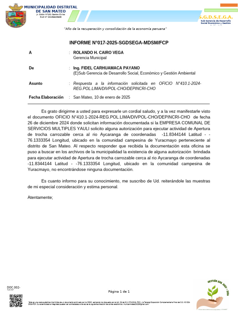 Informe N°017 Respuesta de Autorizacion | PDF