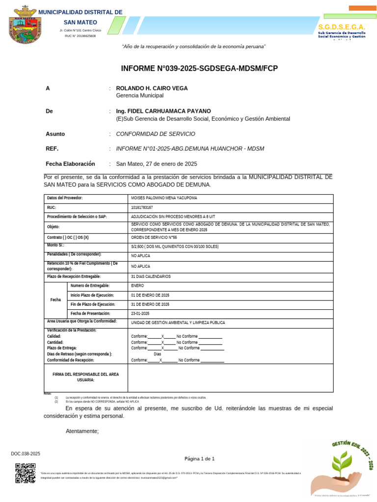 Informe N°039 Conformidad de Mena | PDF