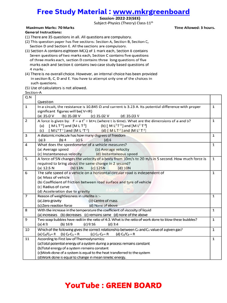 Class 11 Physics Question Paper 2023.pdf | PDF