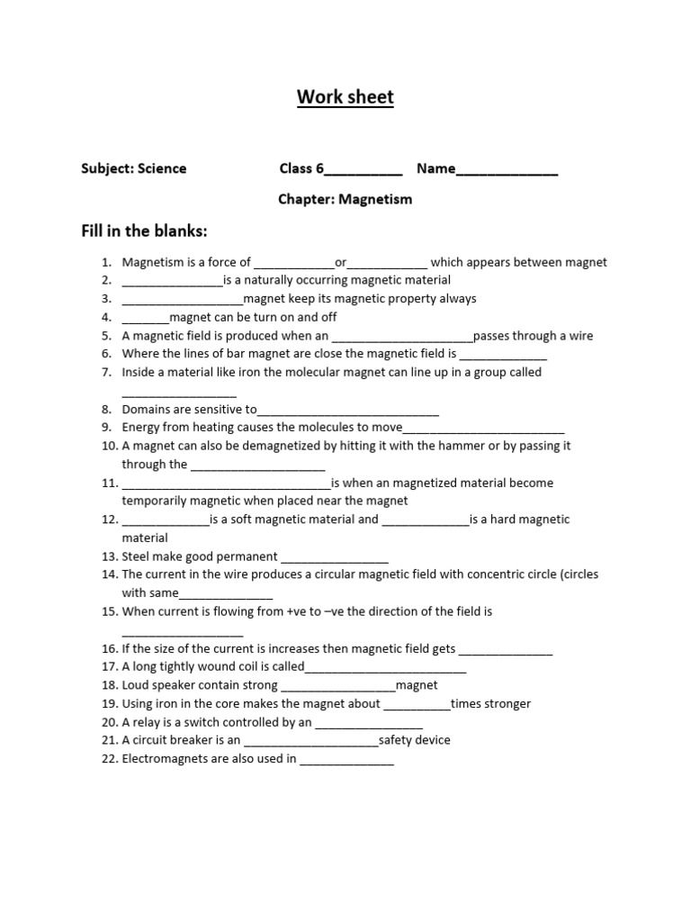 Work Sheet Magnetism Pdf