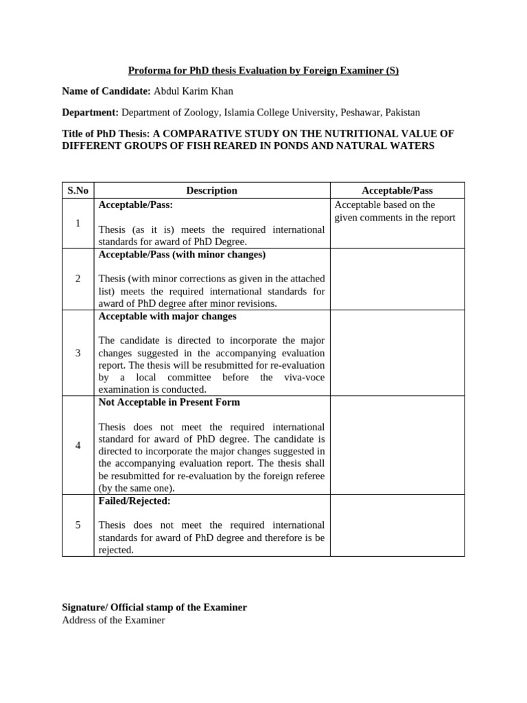 Proforma For PHD Thesis Evaluation by Foreign Examiner | PDF