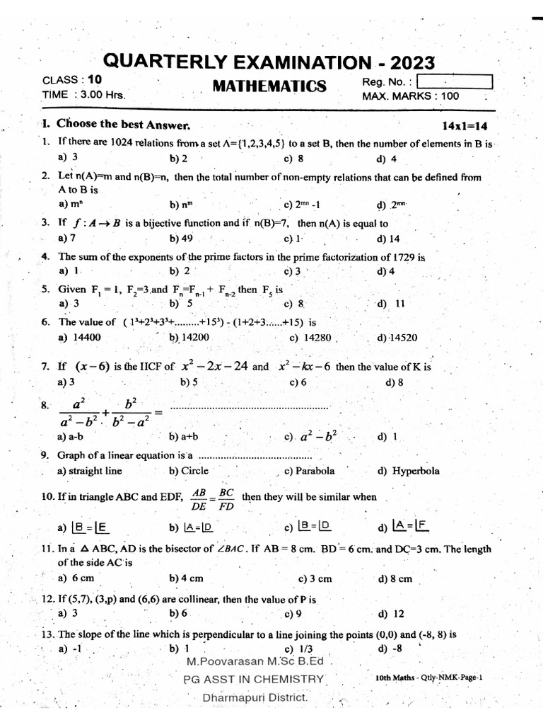 10th Maths EM Quarterly Exam 2023 Original Question Paper Dharmapuri ...