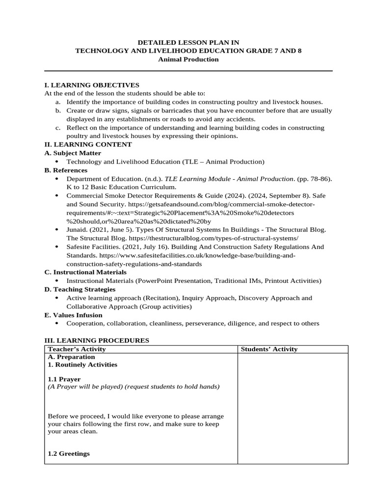Grade 7-8 TLE Animal Production Lesson Plan | PDF | Fire Safety | Learning