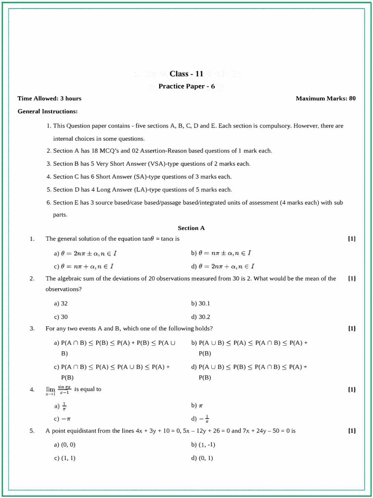 Class 11 Practice Paper 6 (Questions) | PDF | Mathematics | Algebra